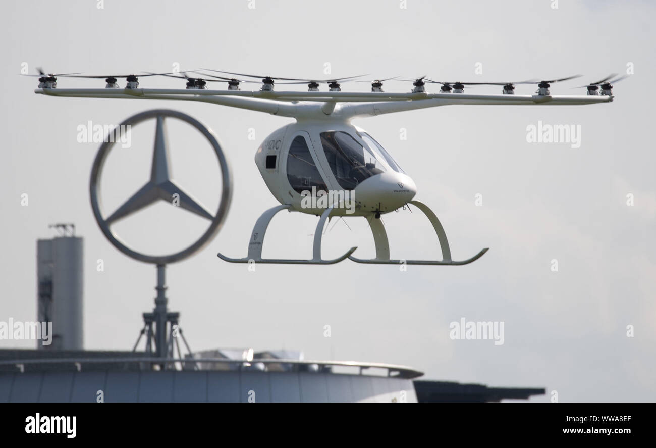 Stuttgart, Germany. 14th Sep, 2019. A so-called volocopter flies next ...
