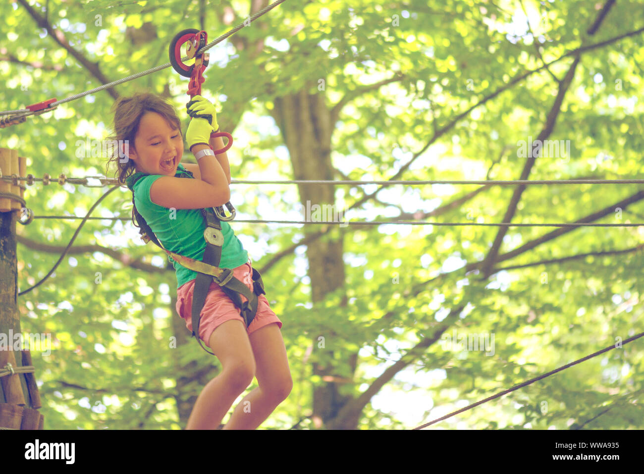 Happy little girl on zip line between trees Stock Photo - Alamy