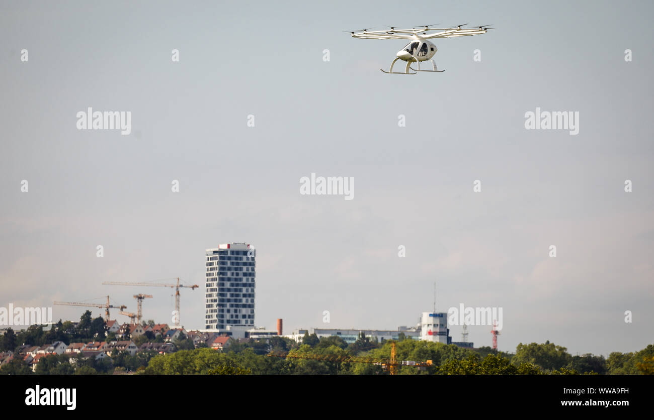 Stuttgart, Germany. 14th Sep, 2019. A Volocopter flies for the first ...