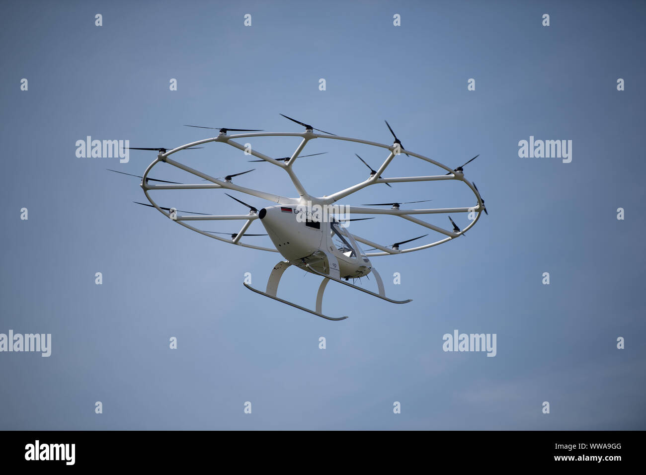 Stuttgart, Germany. 14th Sep, 2019. A so-called Volocopter flies before ...