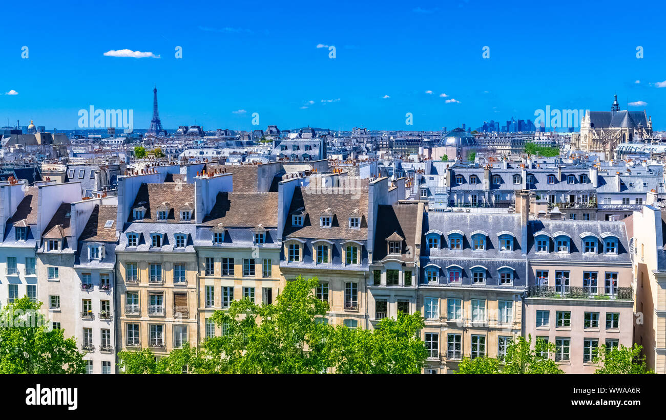 Paris, typical buildings and roofs in the Marais, aerial view from the ...