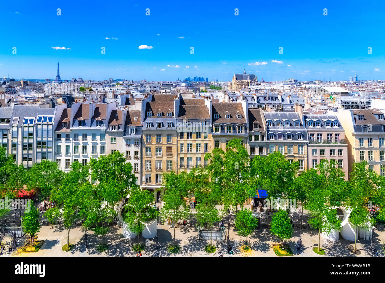 Paris, typical buildings and roofs in the Marais, aerial view from the ...
