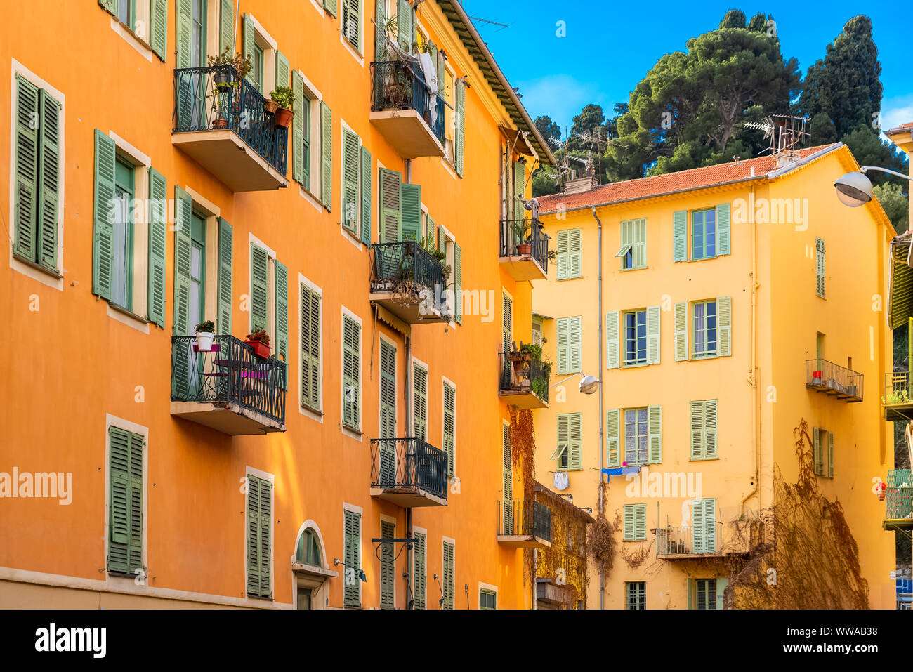 Nice, France, colorful facades, with typical windows and shutters Stock ...