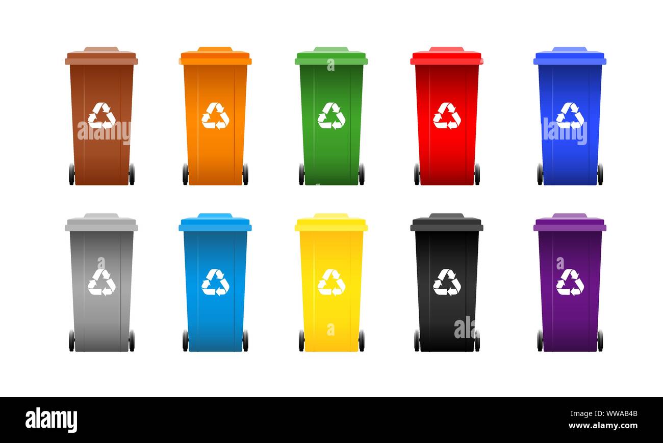 Set of colorful separation waste bins with recycle signs. Collection of ...