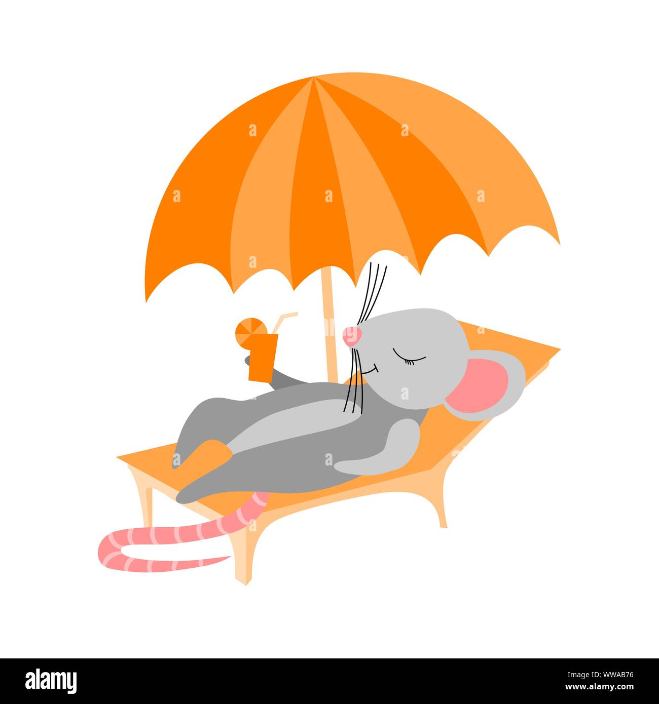 Cute cartoon rat lying on a deckchair with umbrella and cocktail ...