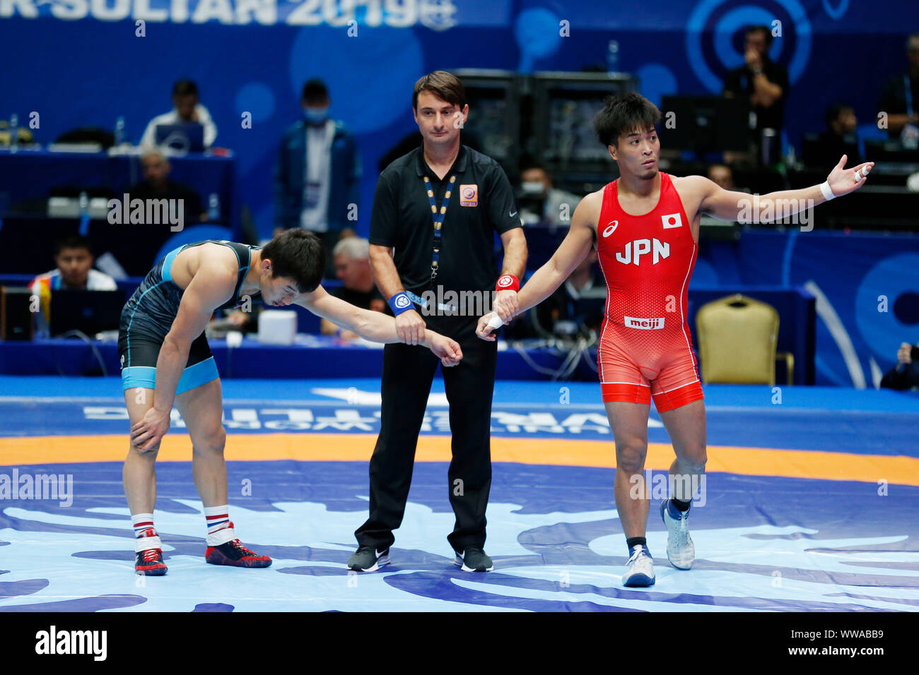 Nursultan, Kazakhstan. 14th Sep, 2019. (L to R) Tynar Sharshenbekov (KGZ), Shinobu Ota (JPN ...