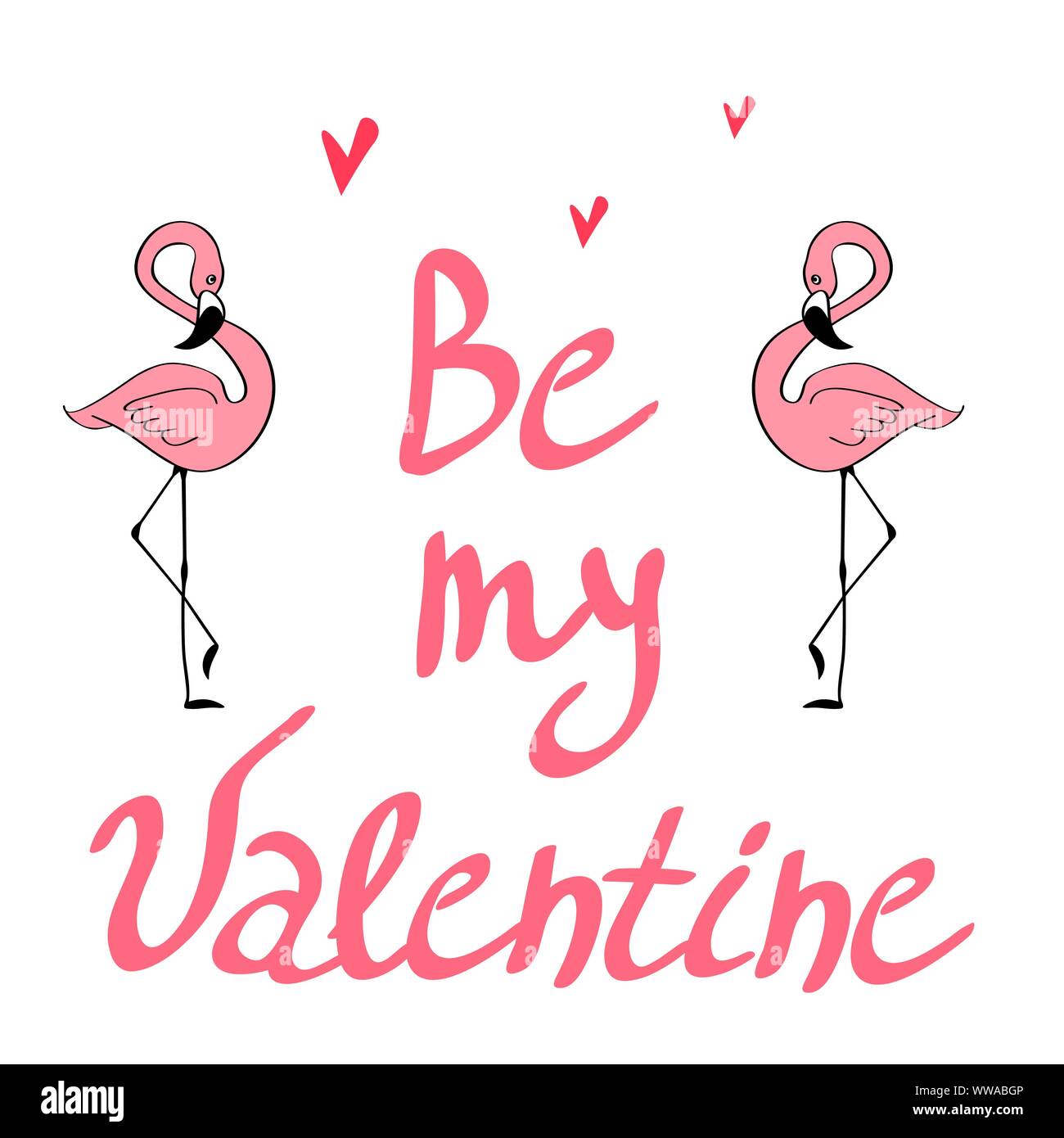Valentines day greeting card. Two cute doodle flamingos, lettering and ...