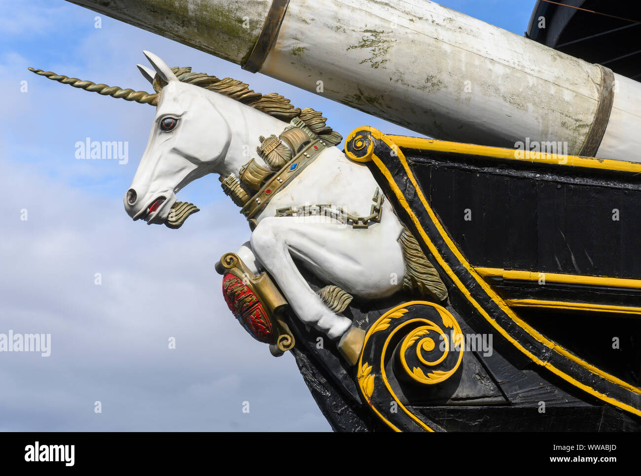 The ships figurehead of HMS Unicorn a Leda class frigate moored in ...
