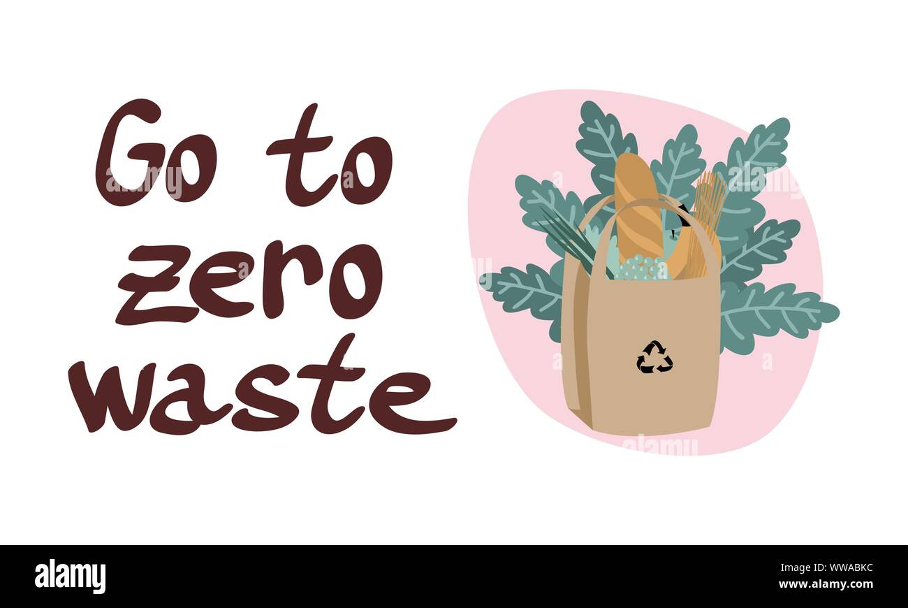 Zero waste poster with lettering. Bundle of products in paper bag with ...