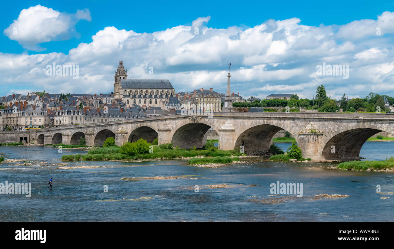 Blois in France, panorama of the city, the church and the river Loire ...