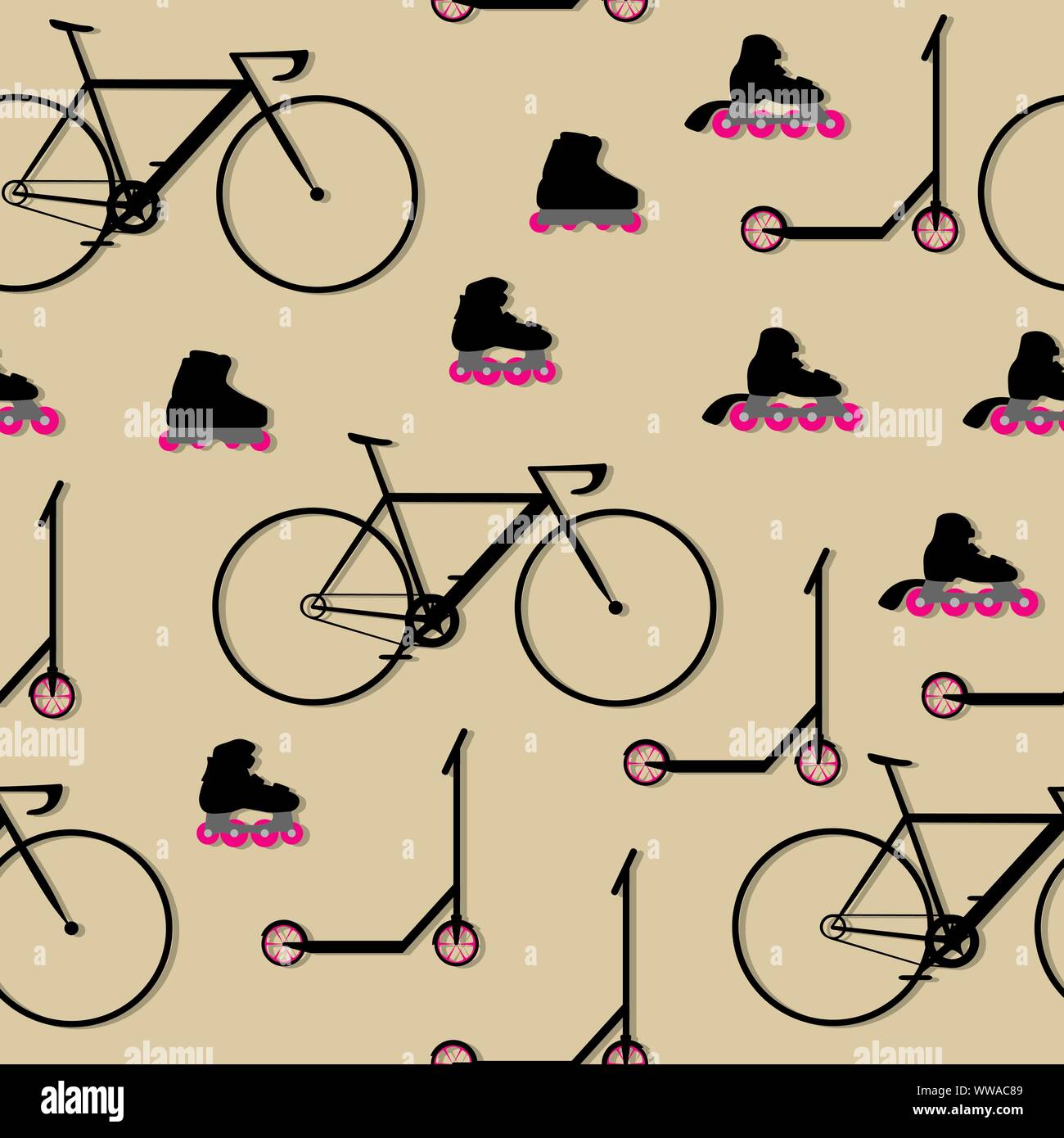 Seamless pattern with bicycles, scooters and inline roller skates. Flat ...