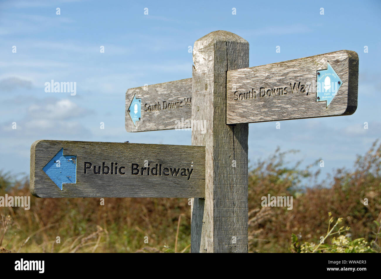 South Downs National Park, Sussex, England, UK. Close up of a signpost ...