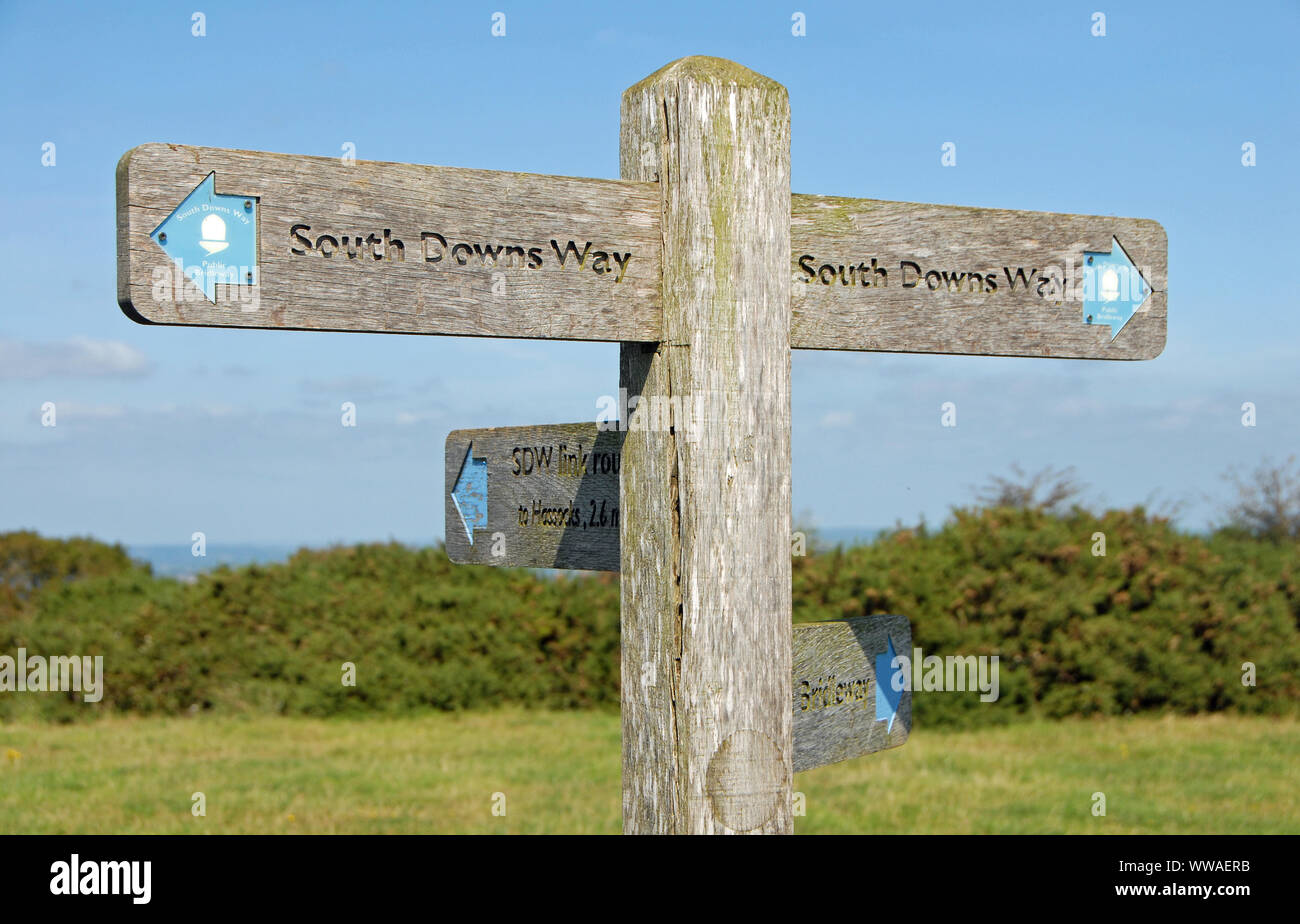 South Downs National Park, Sussex, England, UK. A signpost shows the ...