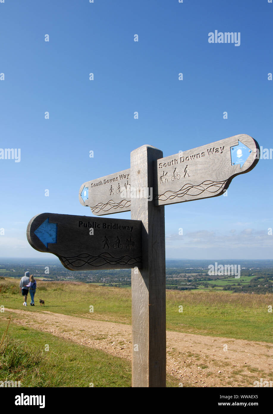 South Downs, Sussex, England, UK. A man and woman with a dog walk on ...