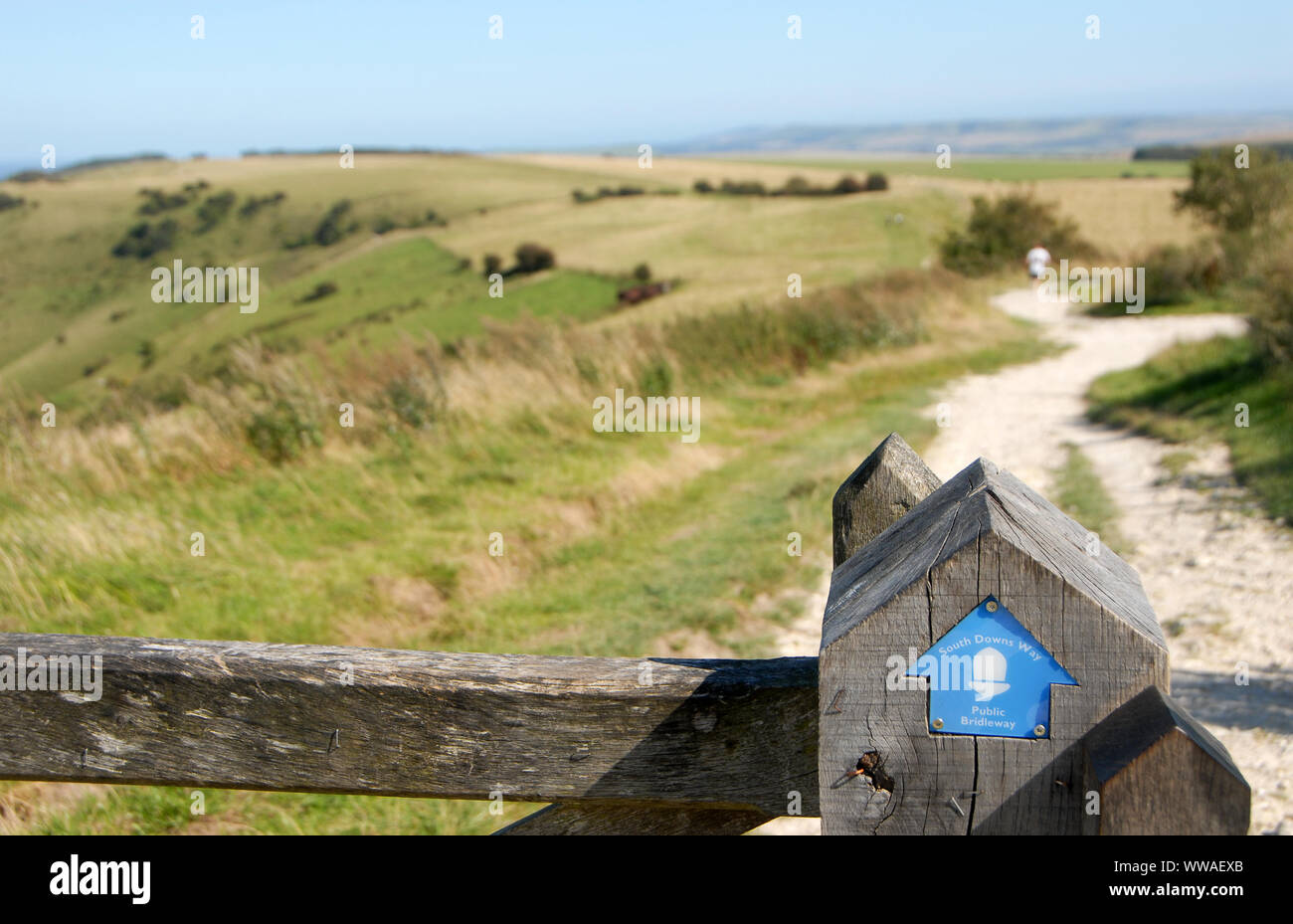 South Downs National Park, Sussex, England, UK. A sign on a gate near ...