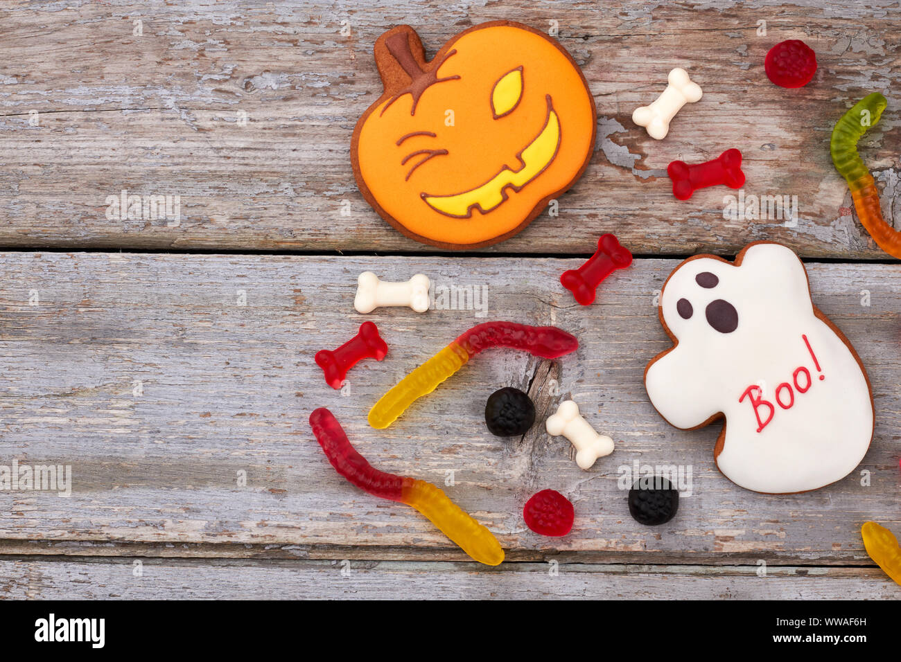 Halloween background with sweets Stock Photo - Alamy