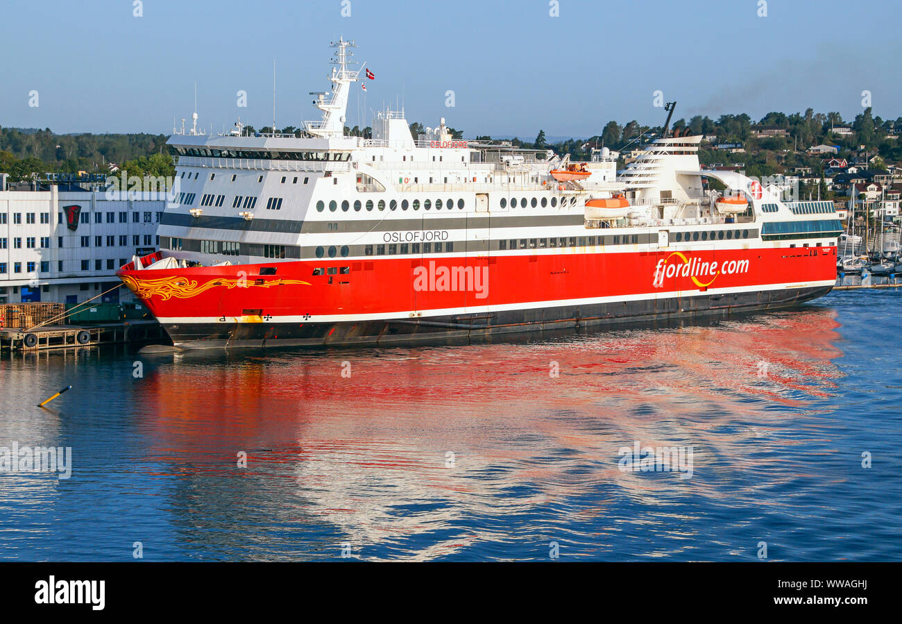 Fjordline car and passenger ferry Oslofjord in harbour Sandefjord ...