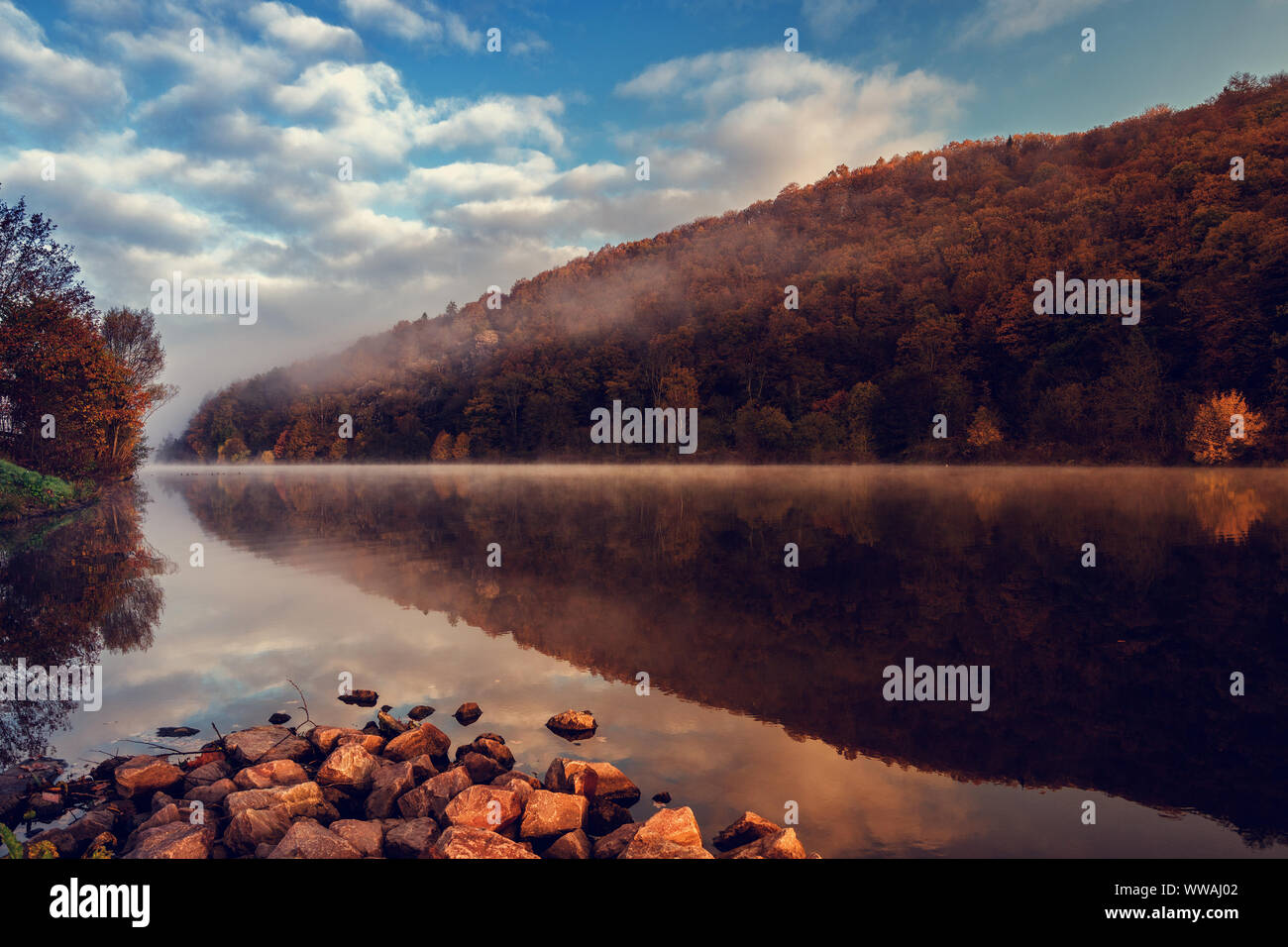 Saar Loop in the morning fog, Indian Summer Stock Photo - Alamy