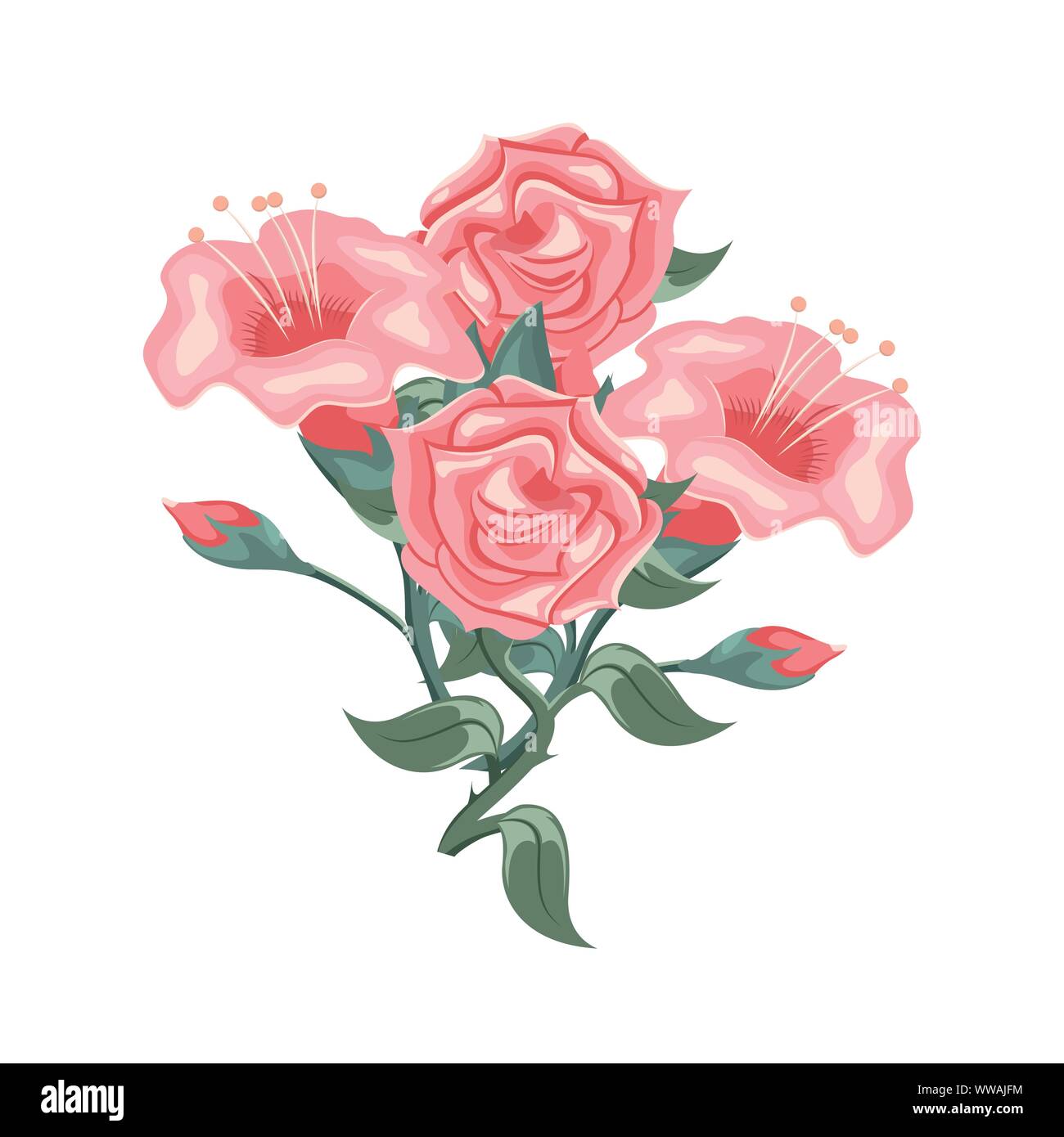 Set of beautiful pink roses and tulips. Flower arrangement Stock Vector ...