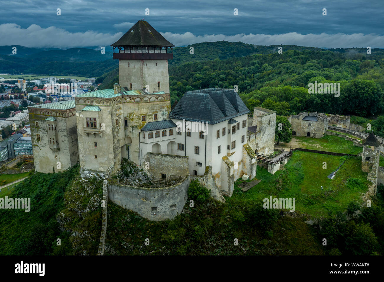 Aerial panorama of Trencin castle above the Vah river in Slovakia with ...