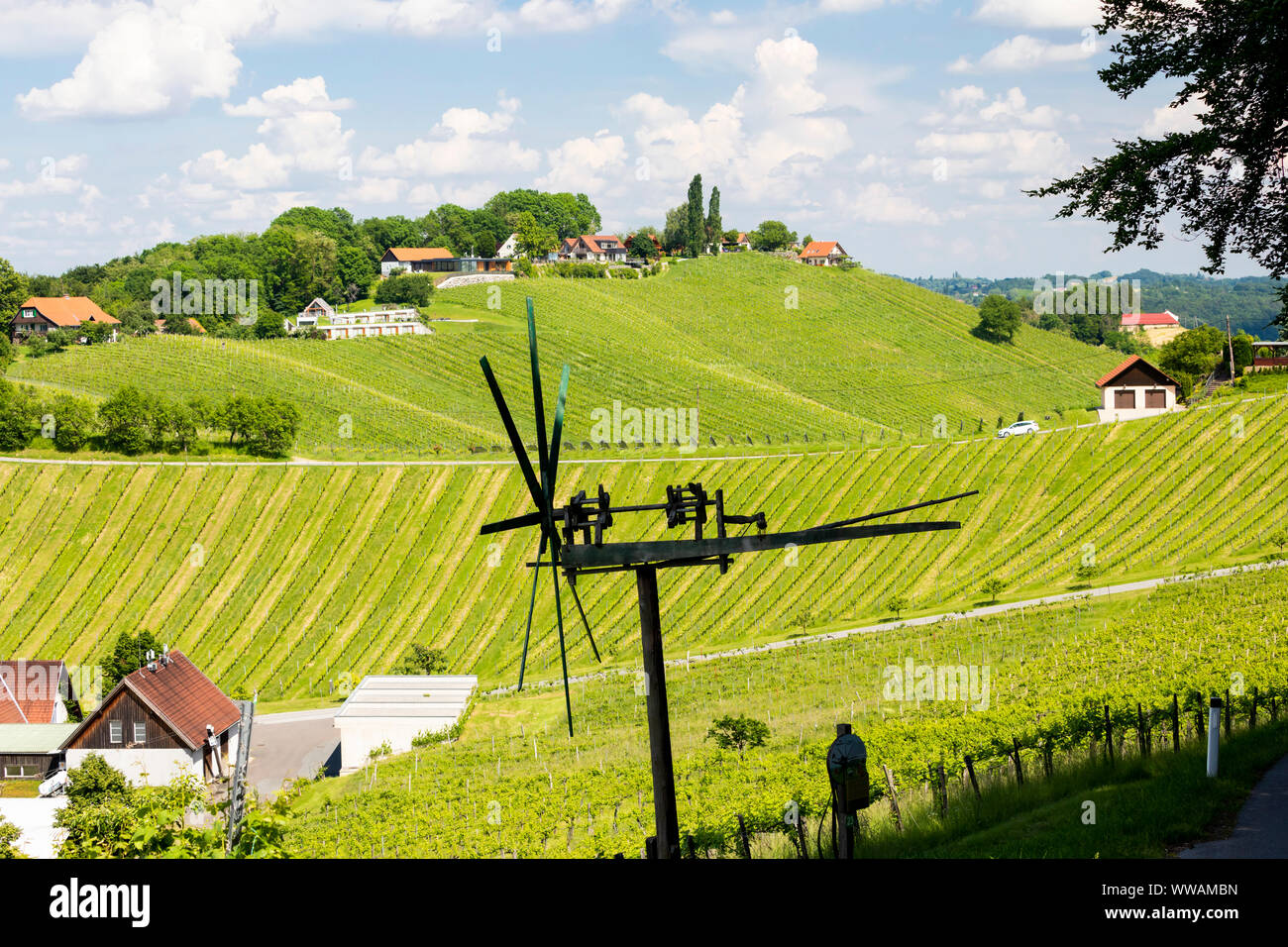 vineyard with windmill called klapotetz in south of Styria, Austria ...