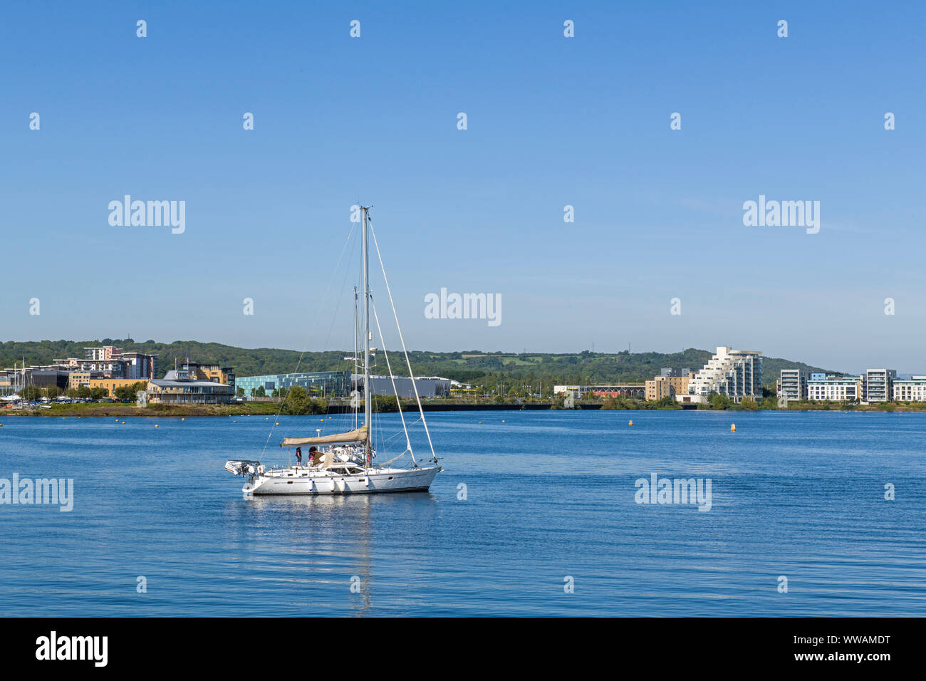 Cardiff Bay Freshwater Lake and Yacht on a summer afternoon in south ...
