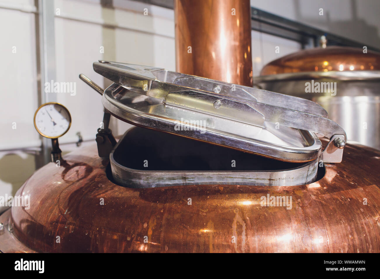 Craft beer brewing equipment in brewery Metal tanks, alcoholic drink ...