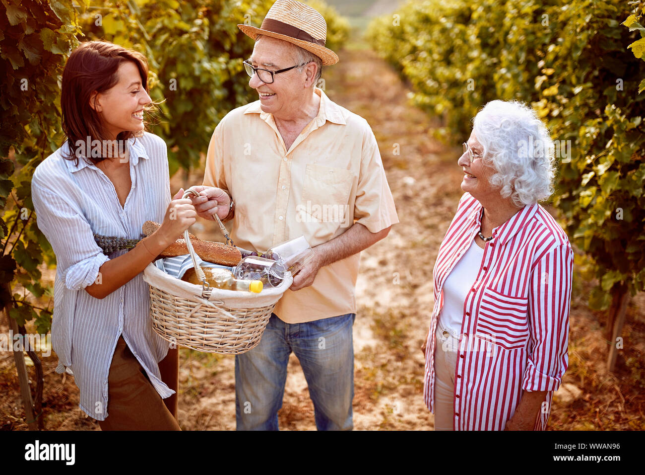 Grape harvesting- Smiling family with grape basket in the vineyard ...
