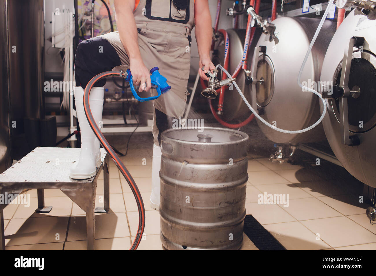 Craft beer brewing equipment in brewery Metal tanks, alcoholic drink ...