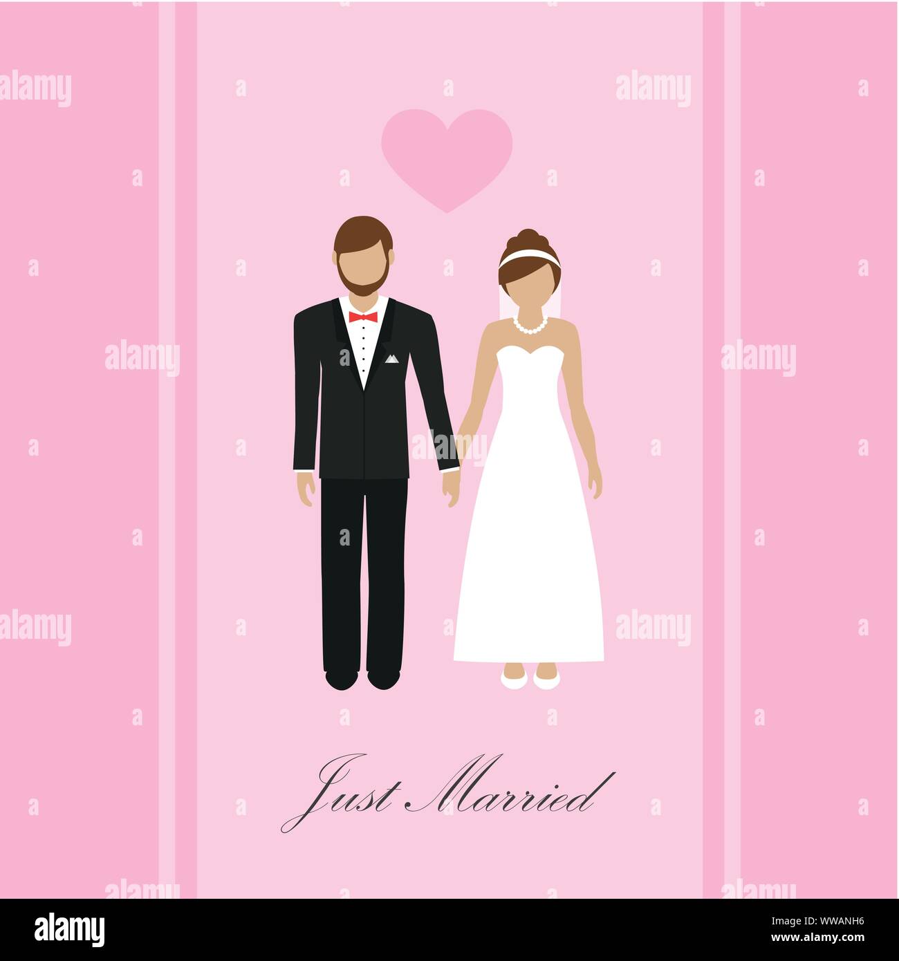 just married greeting card with bride and groom vector illustration ...