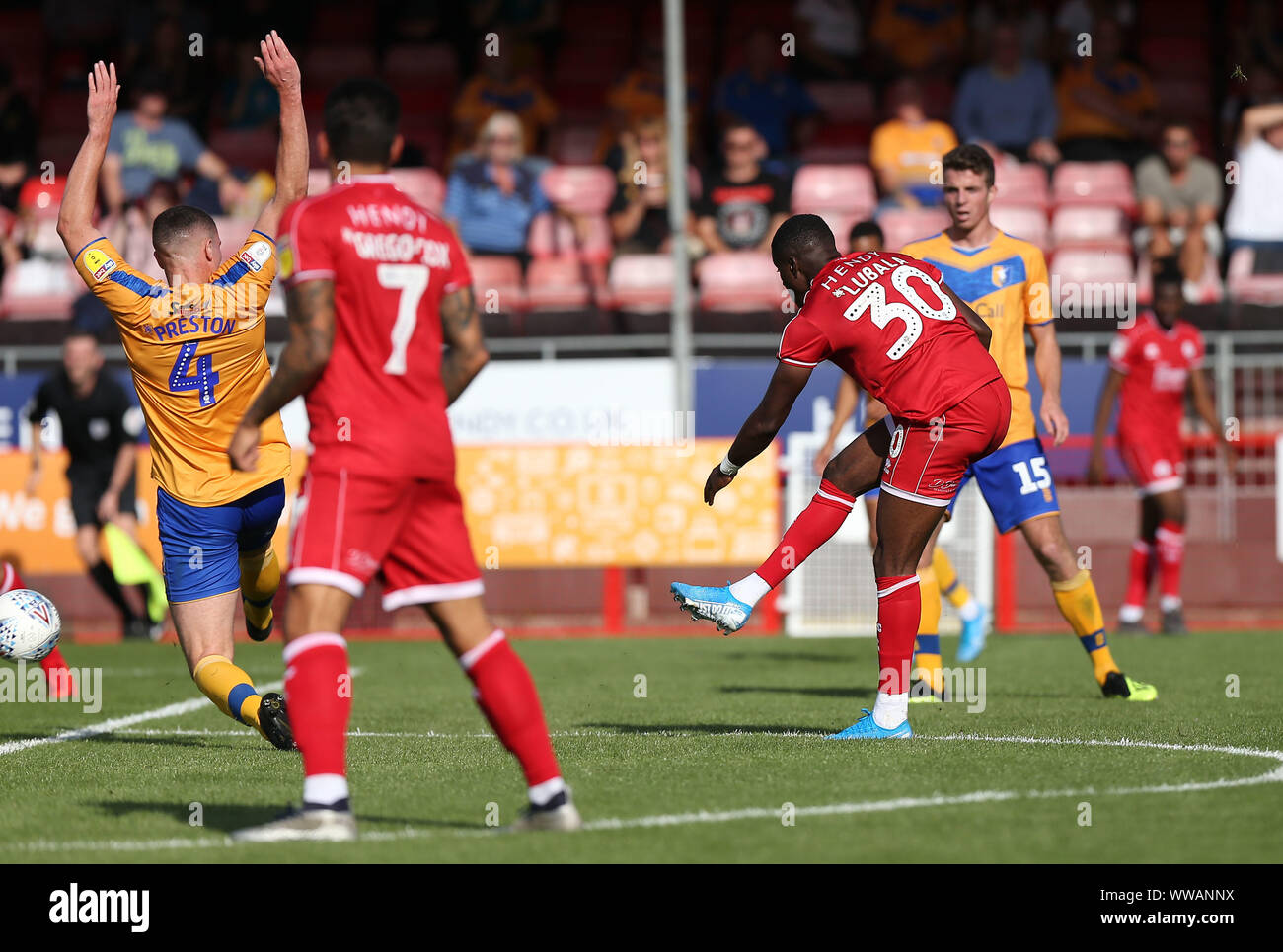 Crawley, UK. 07th Sep, 2019. Crawley Town's Beryly Lubala scores during ...