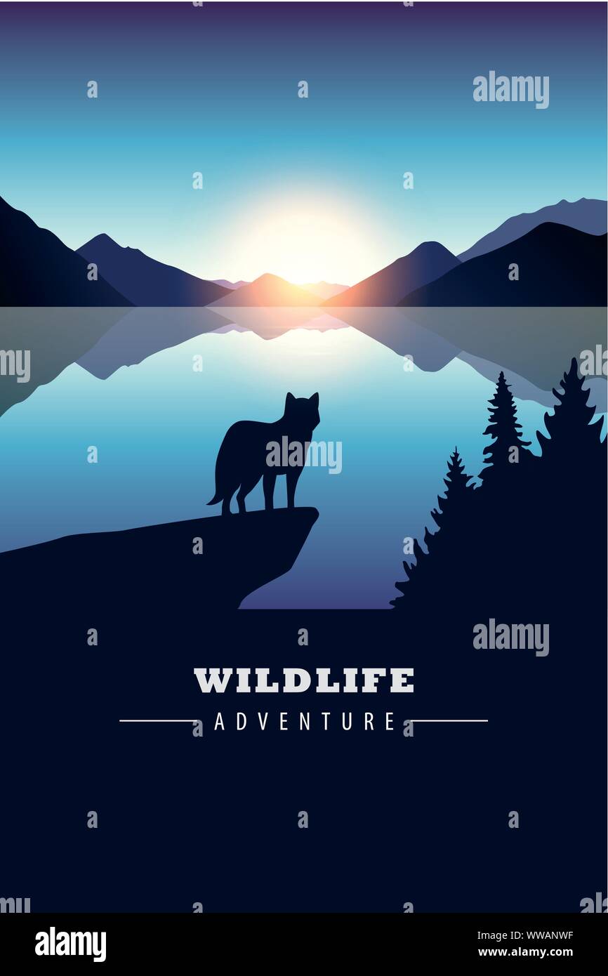 wildlife adventure wolf in the wilderness by the lake at sunset vector ...