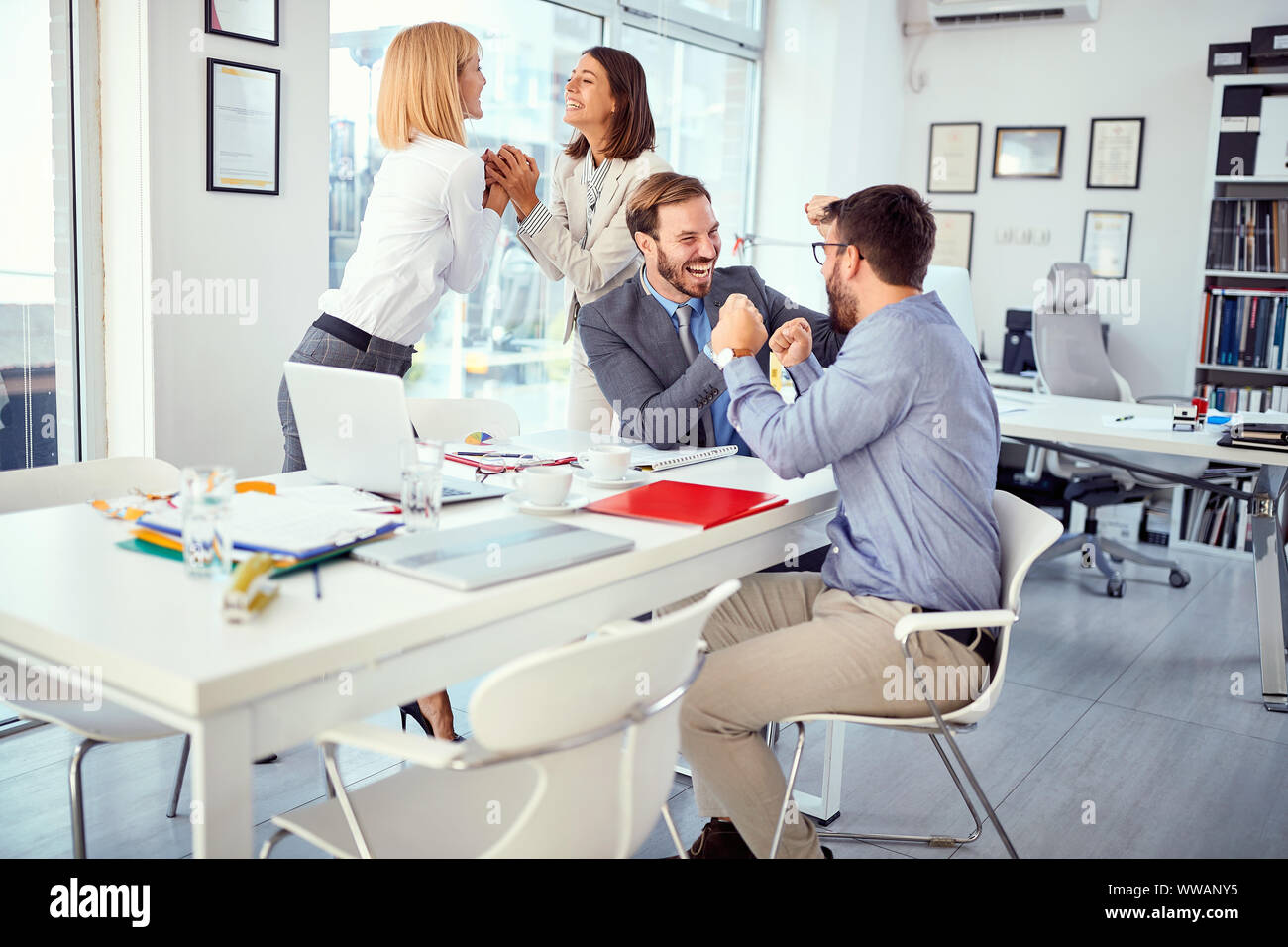 Happy business coworkers successfully completed business meeting Stock ...