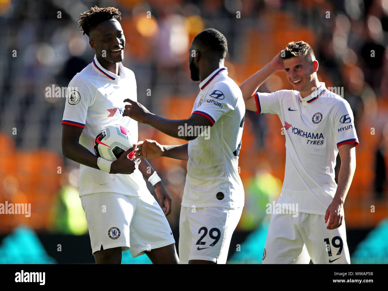 Chelsea's Tammy Abraham (left), Fikayo Tomori and Mason Mount (right ...