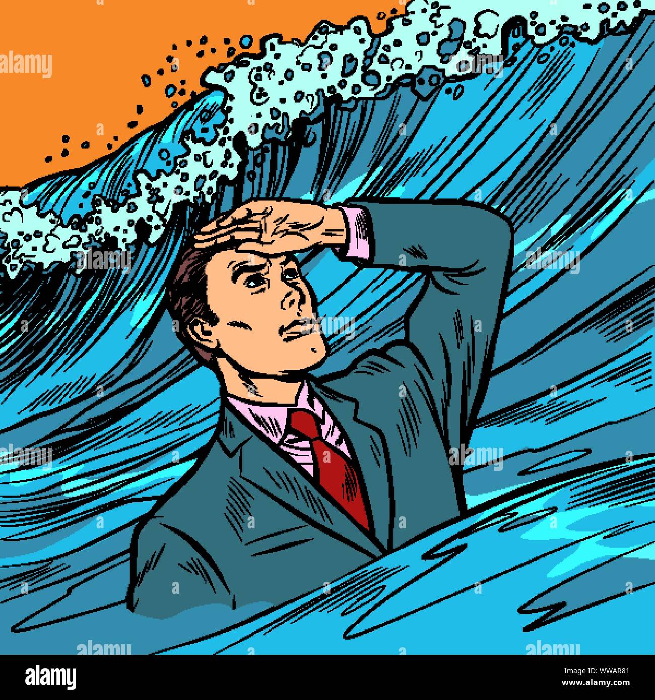 Crisis Manager. businessman leader looks far ahead. Pop art retro ...