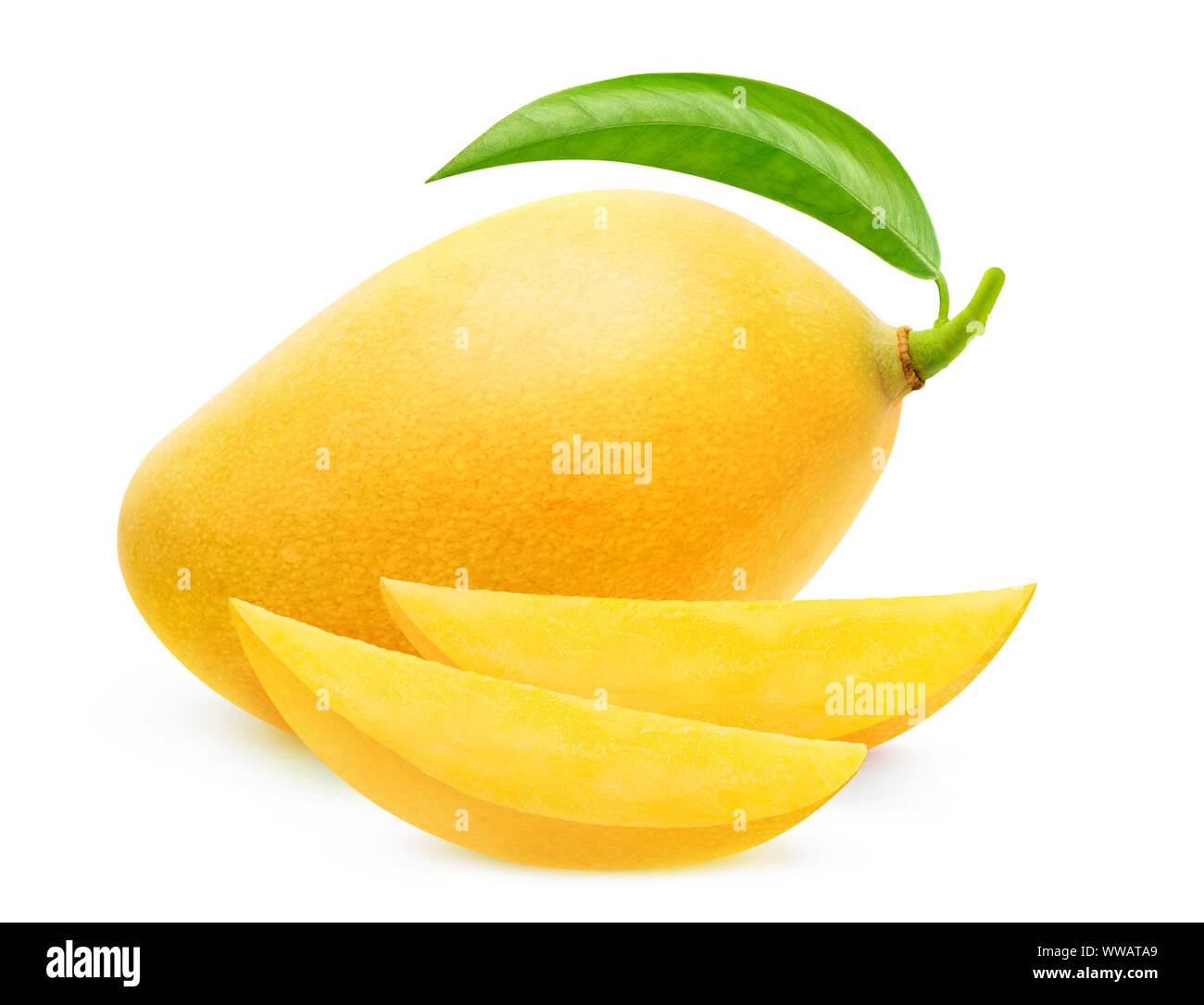 Isolated yellow mango. One whole mango fruit and two slices isolated on ...