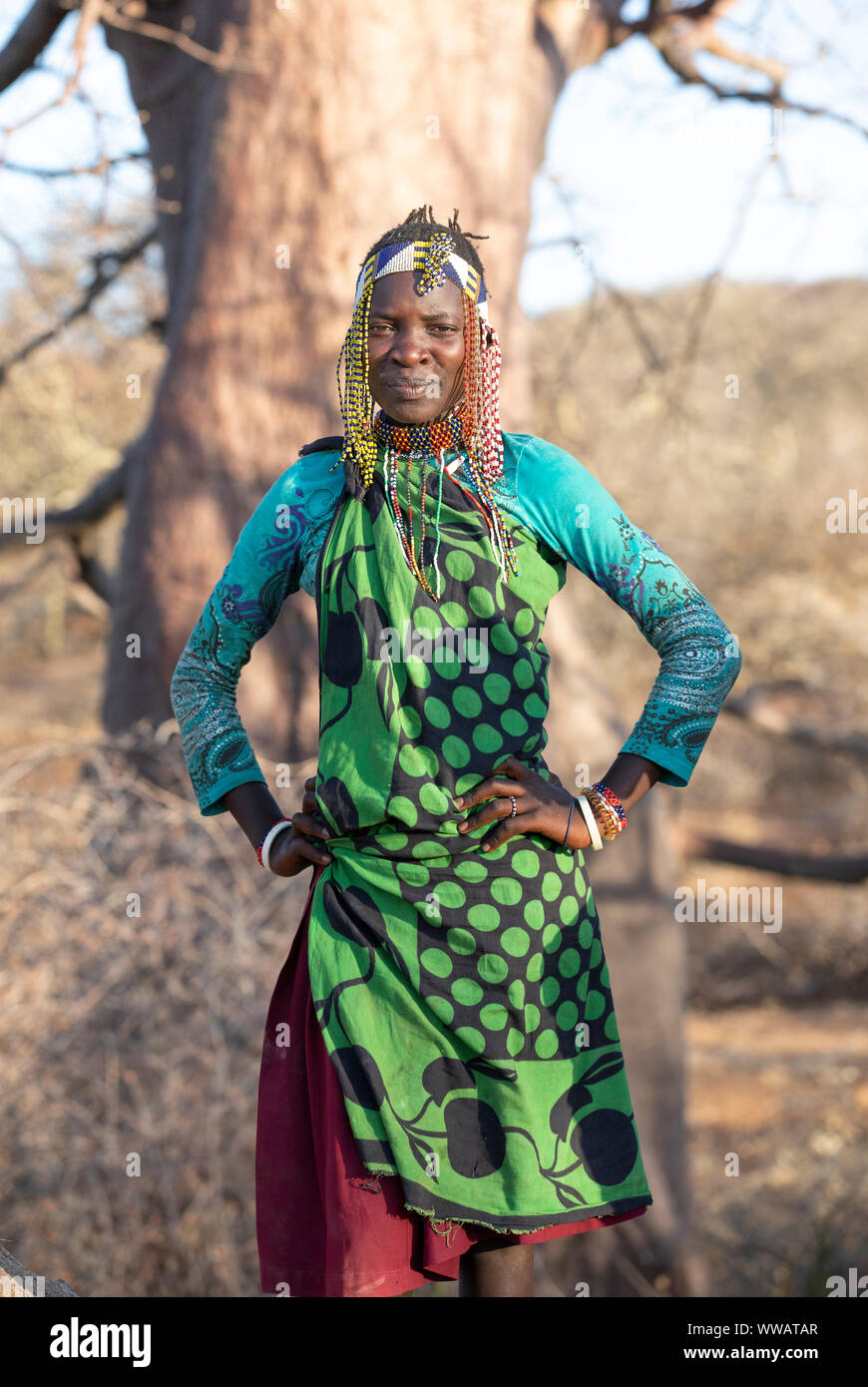 Lake Eyasi, Tanzania, 12th September 2019: Hadzabe woman in traditional ...