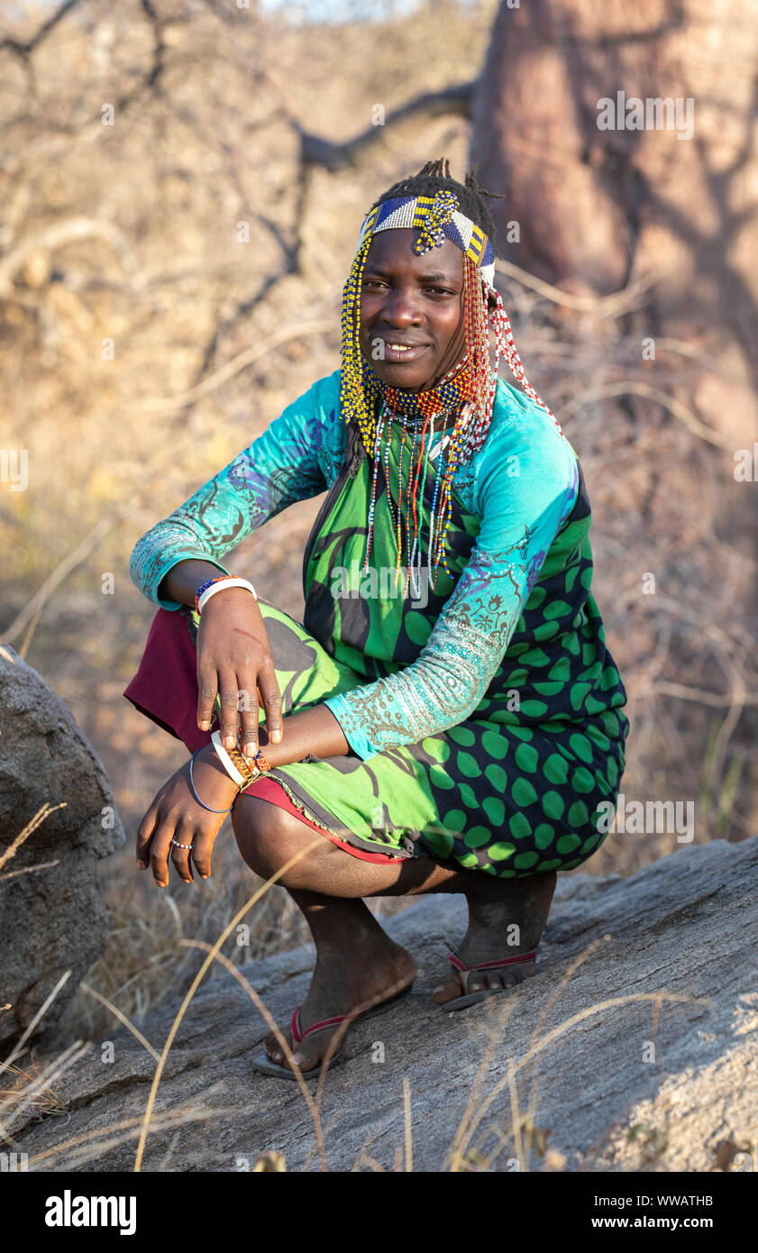 Lake Eyasi, Tanzania, 12th September 2019: Hadzabe woman in traditional ...