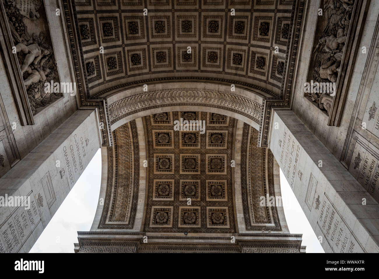 Champs Elysees, Paris, Arc de Triomphe historic monument roof detail ...