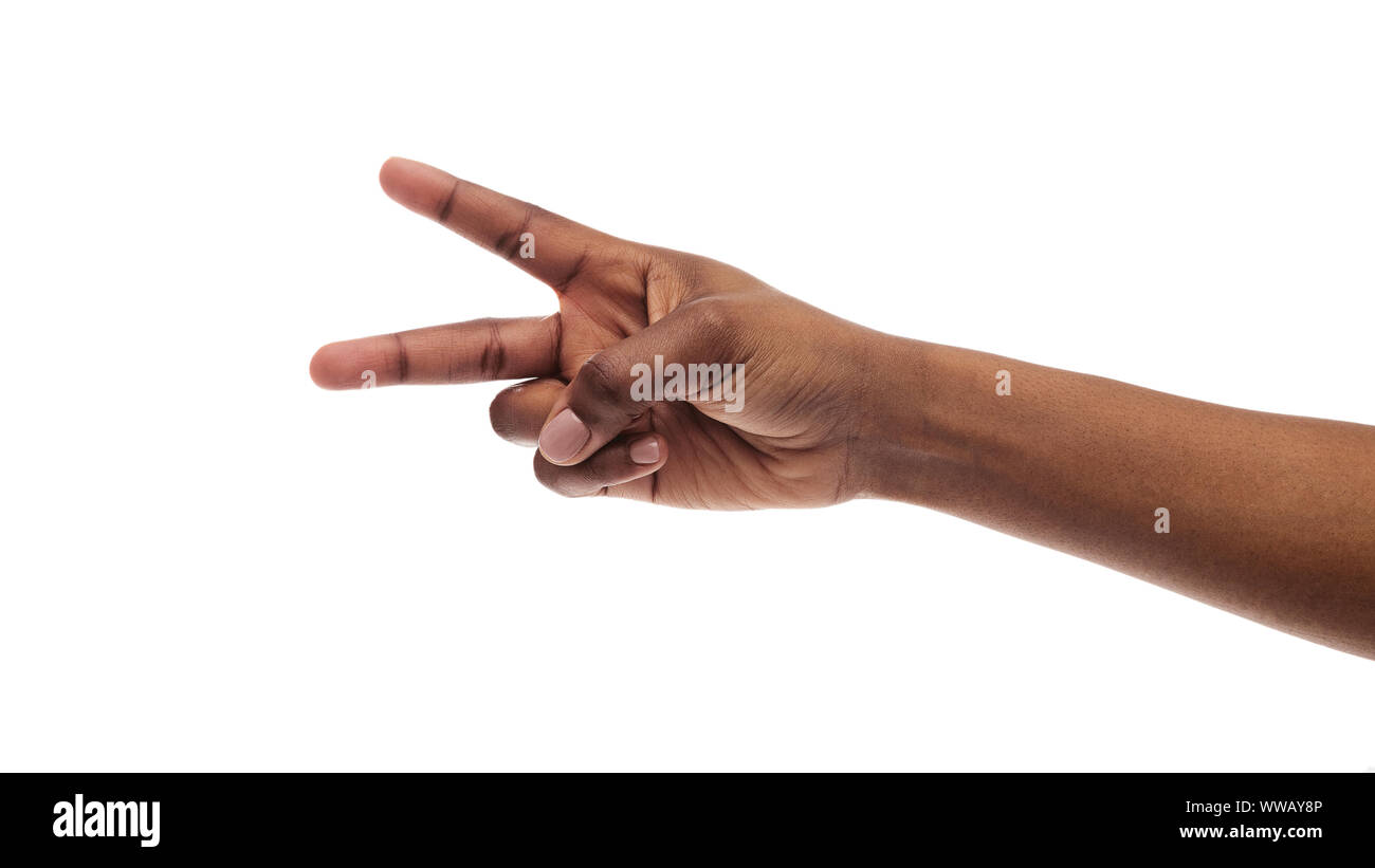 Female hand showing two fingers, peace or v-sign on white background ...
