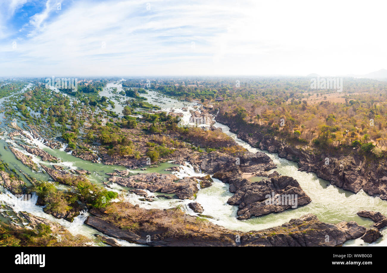 Aerial panoramic 4000 islands Mekong River in Laos, Li Phi waterfalls ...