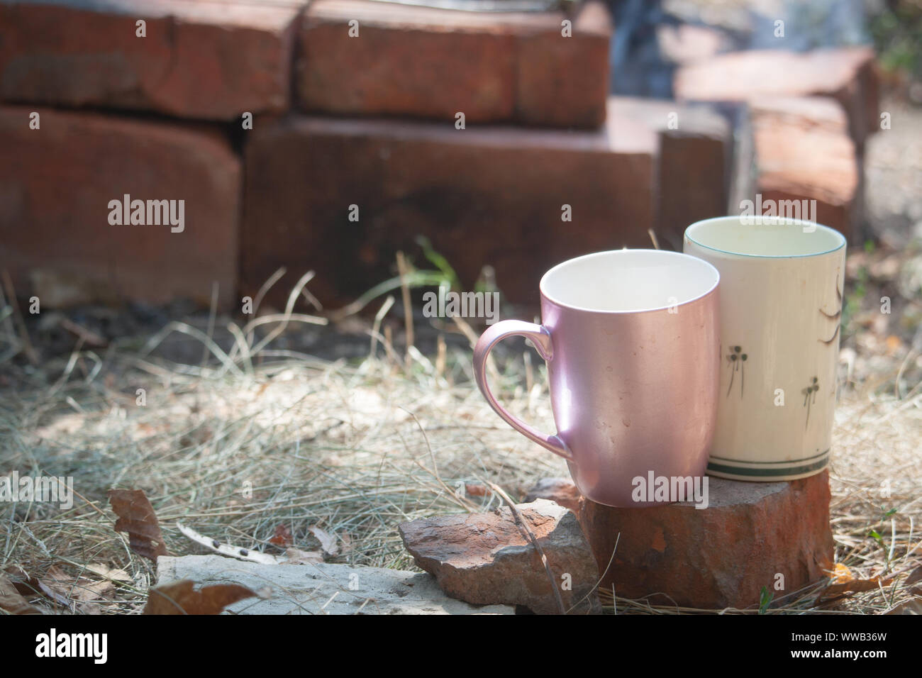 Two cups standing on a brick outside against background of red ...
