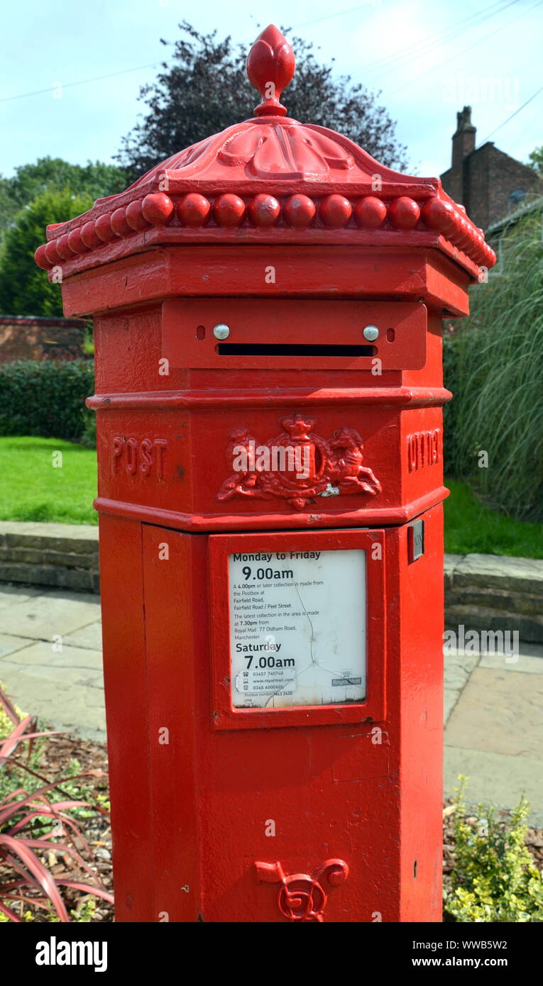 Antique red Victorian postbox at the entrance of the Fairfield Moravian ...