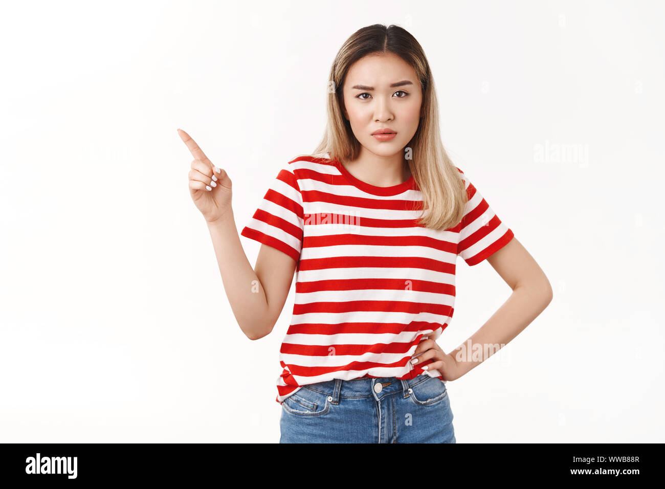 Hesitant unsure sad blond asian girlfriend complaining disturbing ...