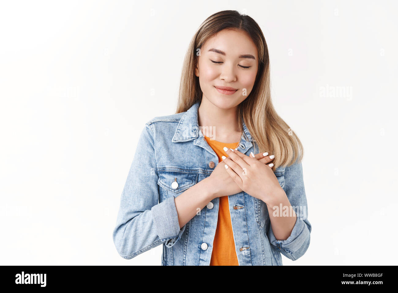 Tender Touched Asian Blond Girl Closed Eyes Feel Warmth Caring Feelings