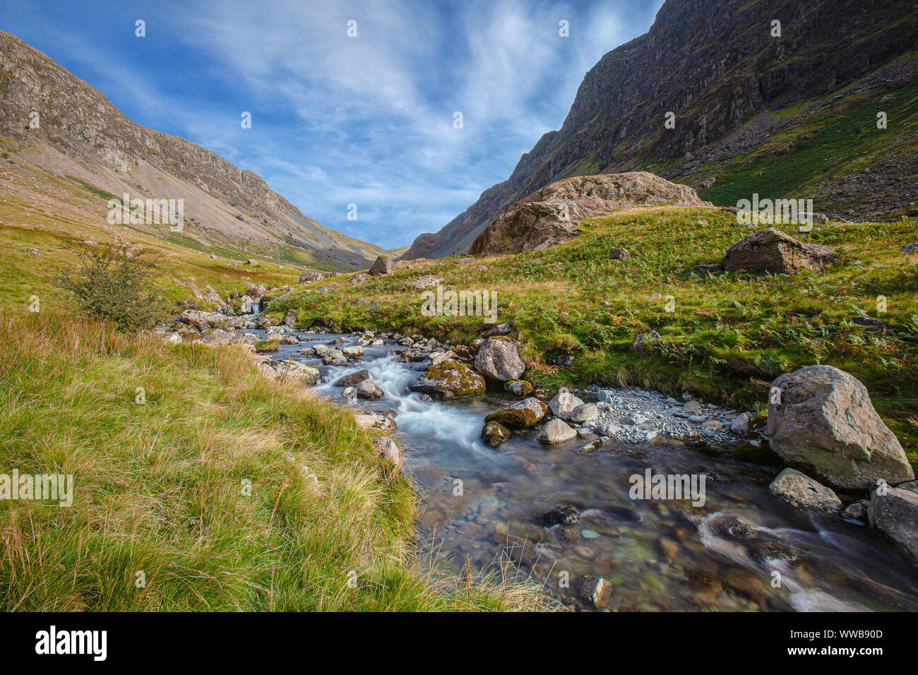 Honister Pass mountain valley with a beck, stream, river, in the Lake ...