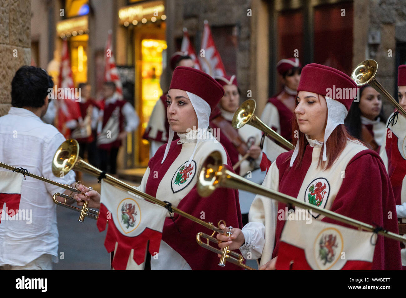 Volterra, Pisa, Tuscany, Italy: medieval procession with flags and ...