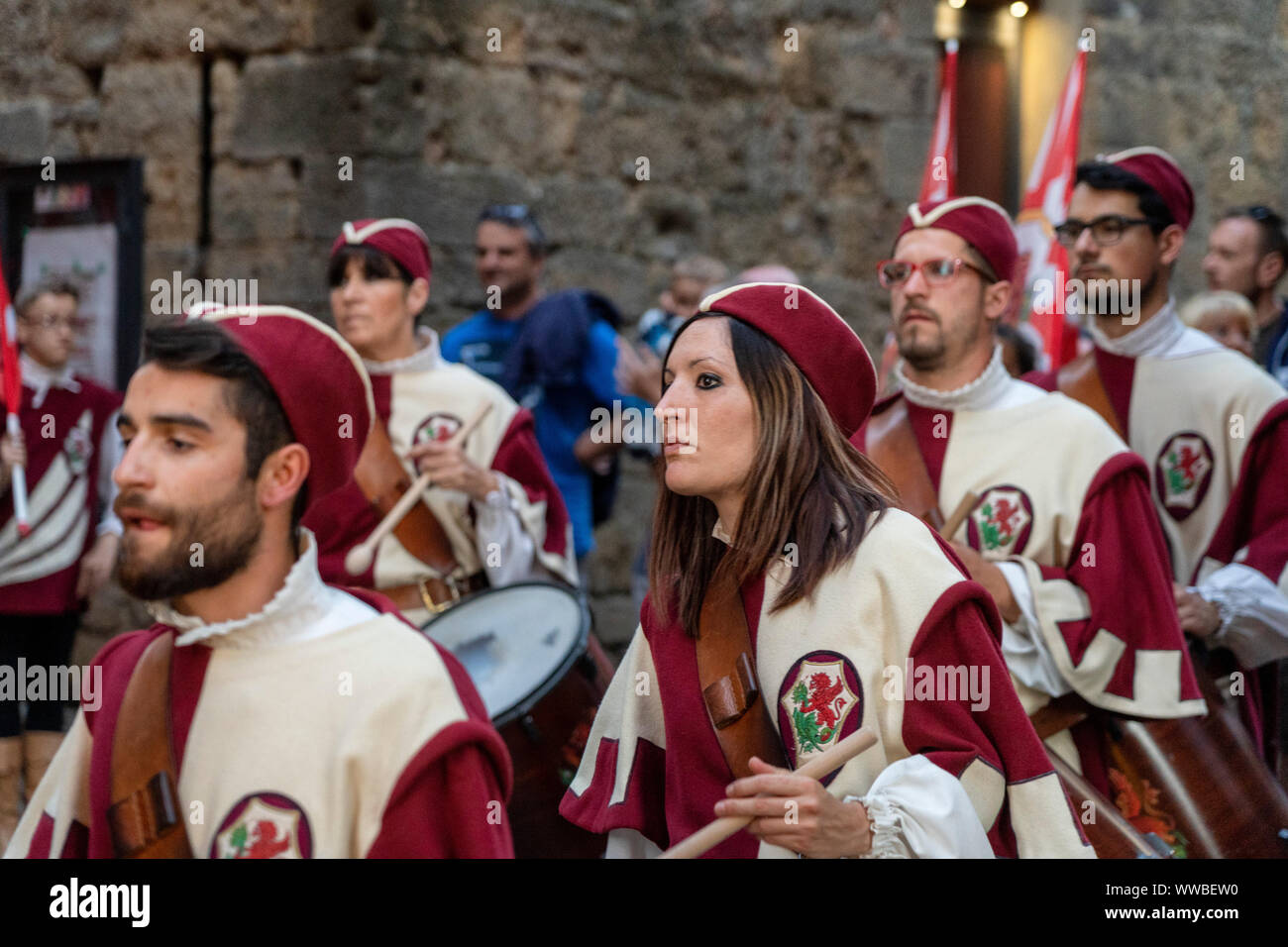 Volterra, Pisa, Tuscany, Italy: medieval procession with flags and ...