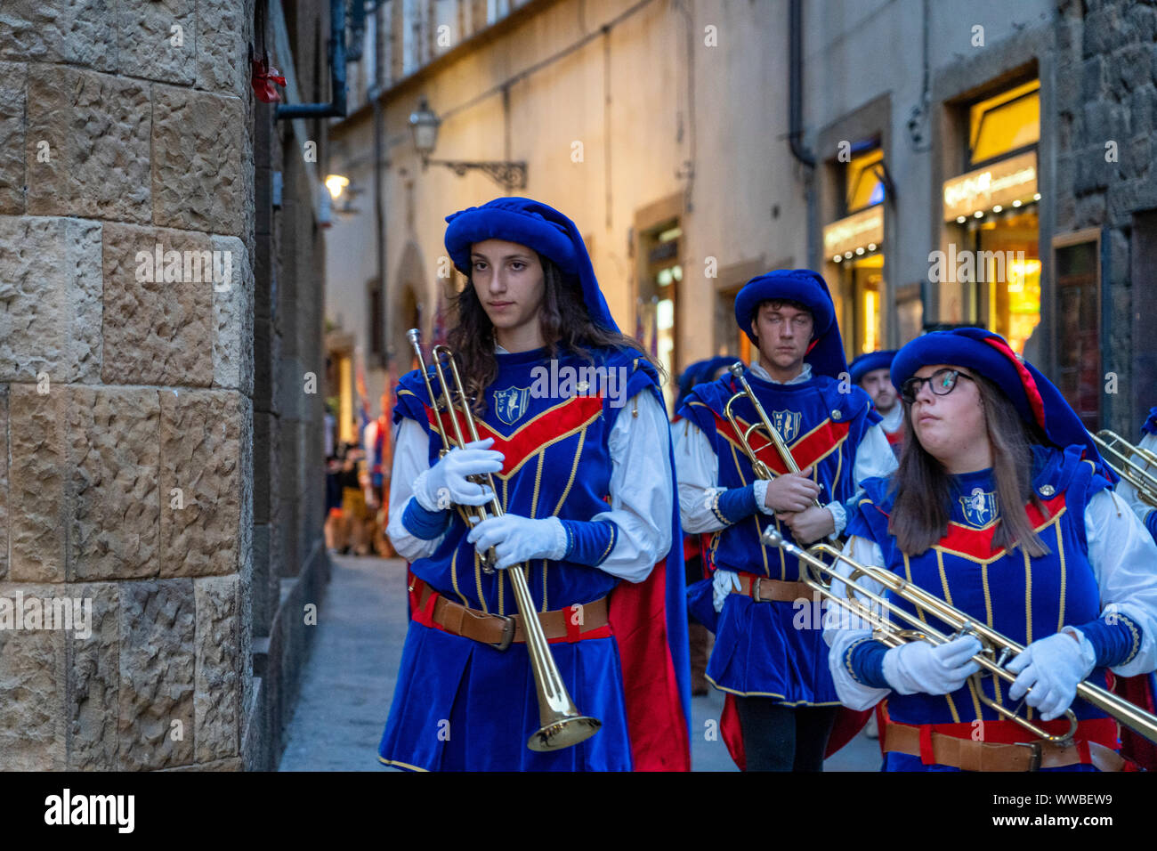 Volterra, Pisa, Tuscany, Italy: medieval procession with flags and ...