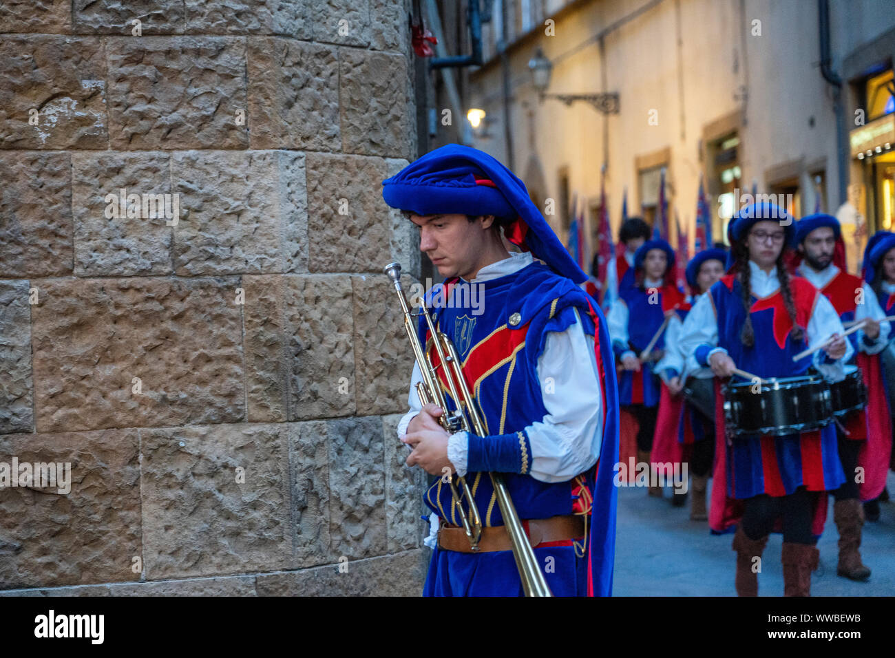 Volterra, Pisa, Tuscany, Italy: medieval procession with flags and ...